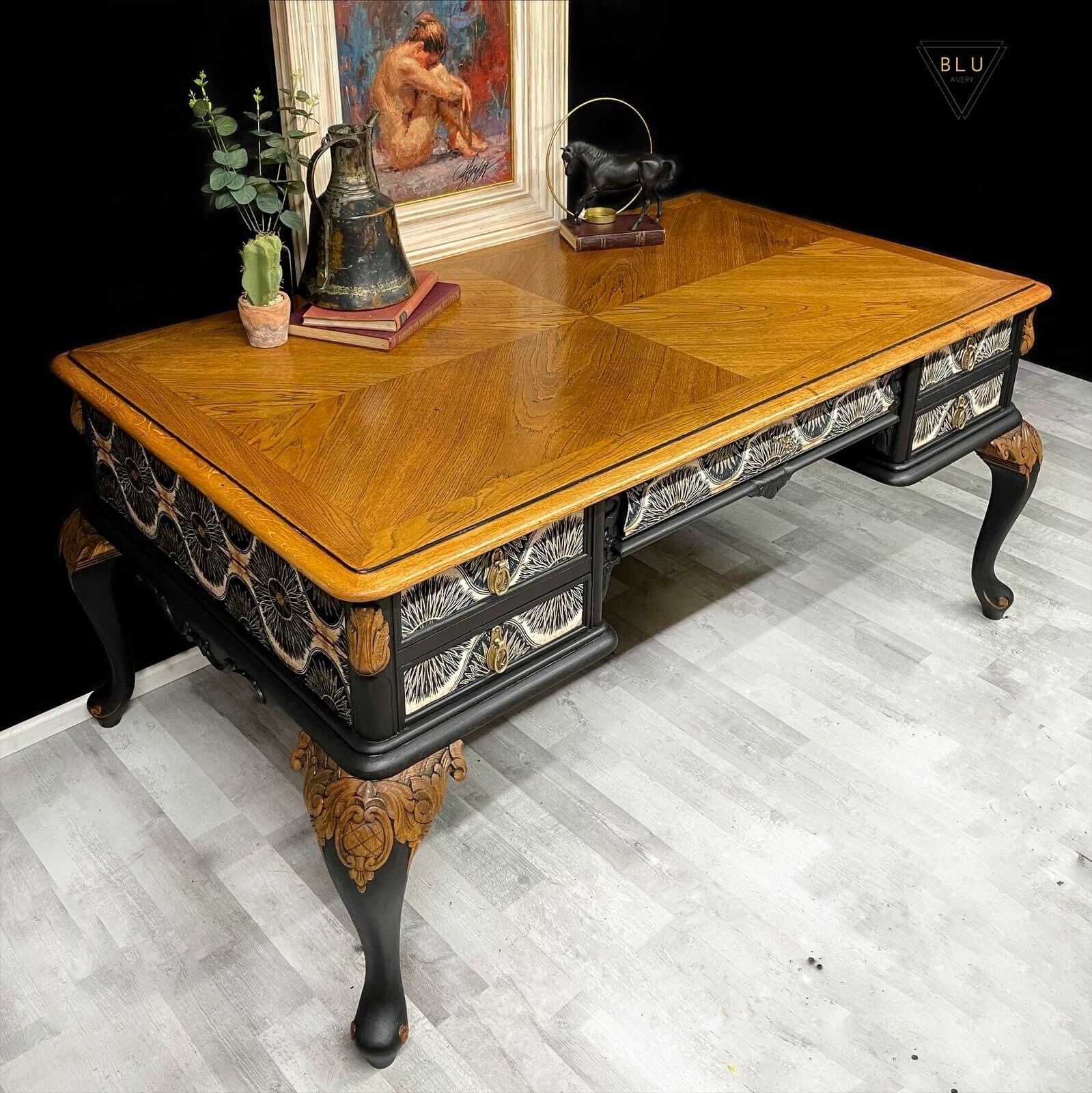 Desk, Table, Home Office, Painted Black, Velvet Fabric Decoupage, Anna ... Desk, Table, Home Office, Painted Black, Velvet Fabric Decoupage, Anna ...