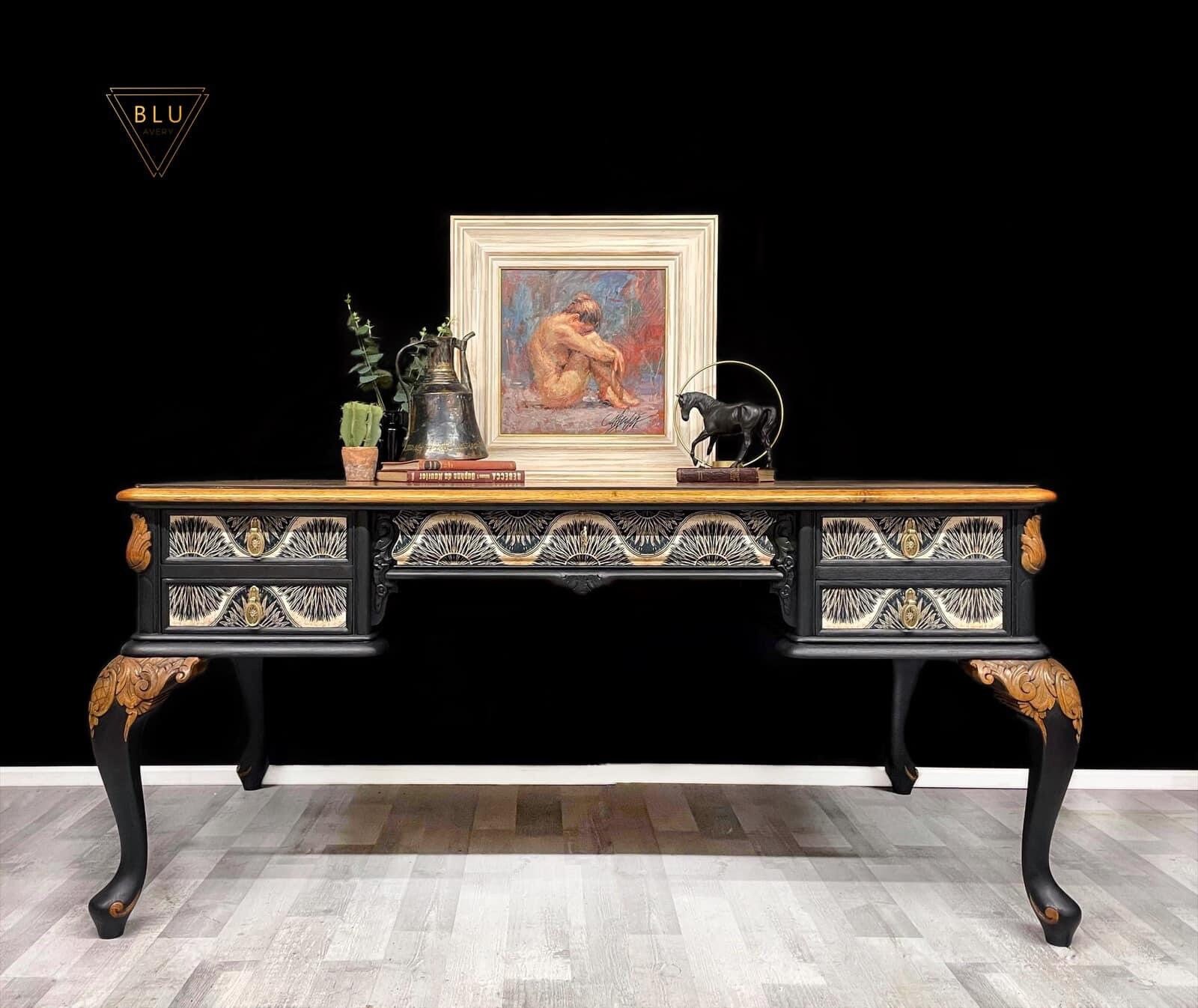 Desk, Table, Home Office, Painted Black, Velvet Fabric Decoupage, Anna ... Desk, Table, Home Office, Painted Black, Velvet Fabric Decoupage, Anna ...