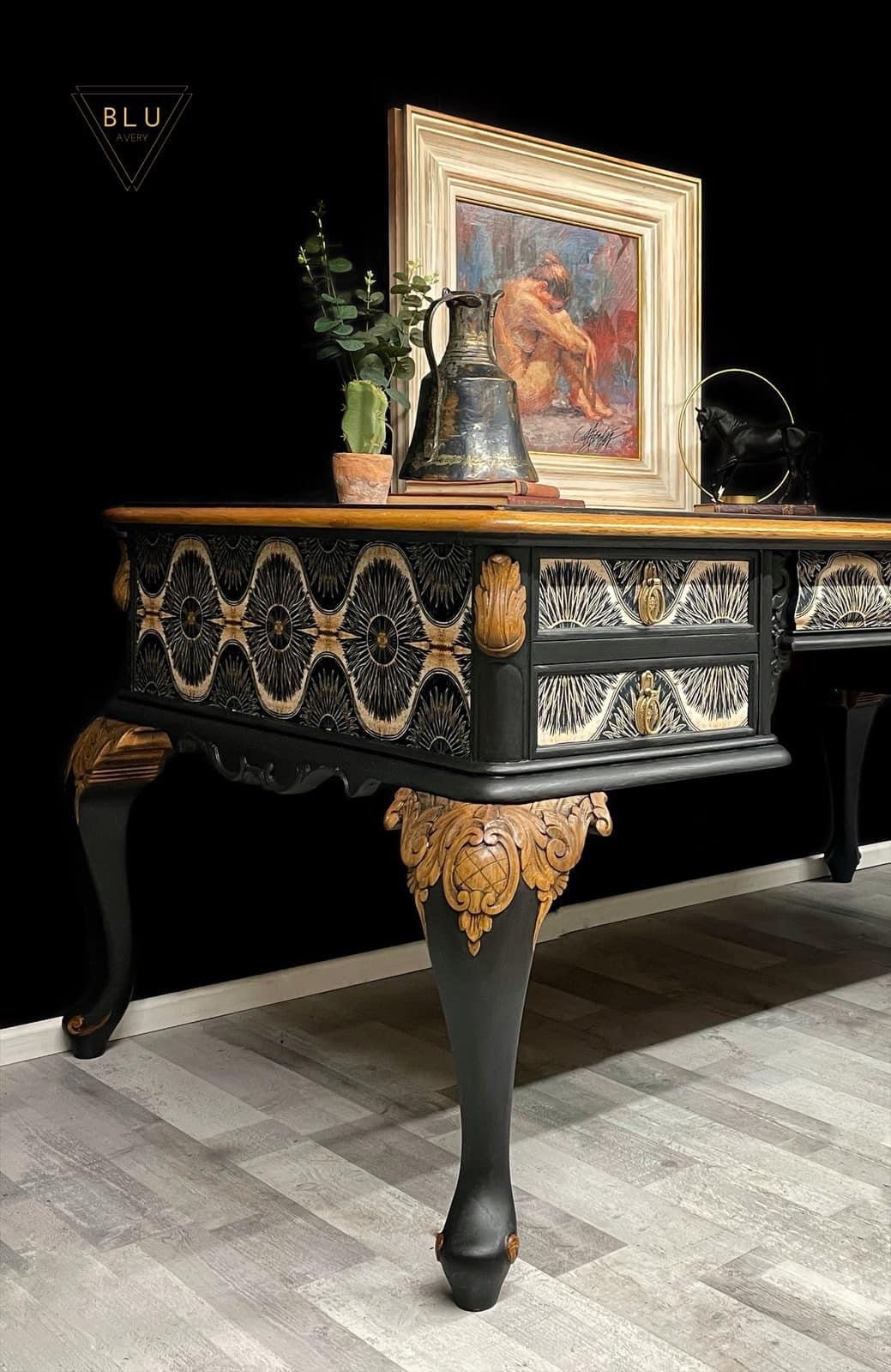 Desk, Table, Home Office, Painted Black, Velvet Fabric Decoupage, Anna ... Desk, Table, Home Office, Painted Black, Velvet Fabric Decoupage, Anna ...