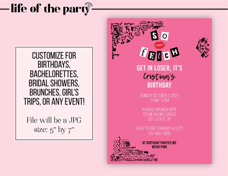 Mean Girls Customized Invitation / Printable / 5" X 7" / Invite / Party ...