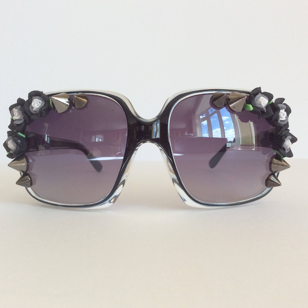 Nightshades - Studs Flowers Black Goth Embellished Sunglasses Women ...