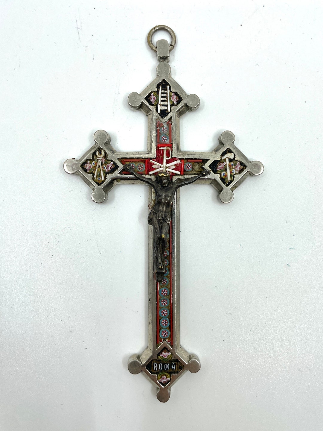 Micro Mosaic Crucifix - Roma- Symbols Portraying a Hammer, a Compas & a ...