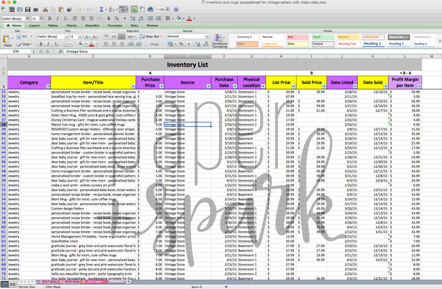 Inventory Spreadsheet for Vintage Sellers - Etsy Vintage Inventory and ...