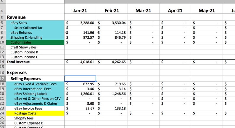 Ebay Seller Spreadsheet Bookkeeping Template for Ebay - Etsy