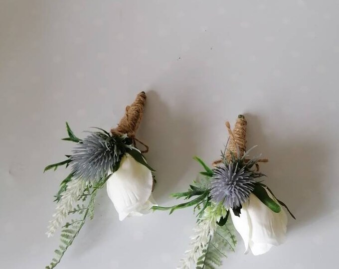 Grey Thistle Ivory Rose Fern Heather Wedding Buttonhole - Etsy UK