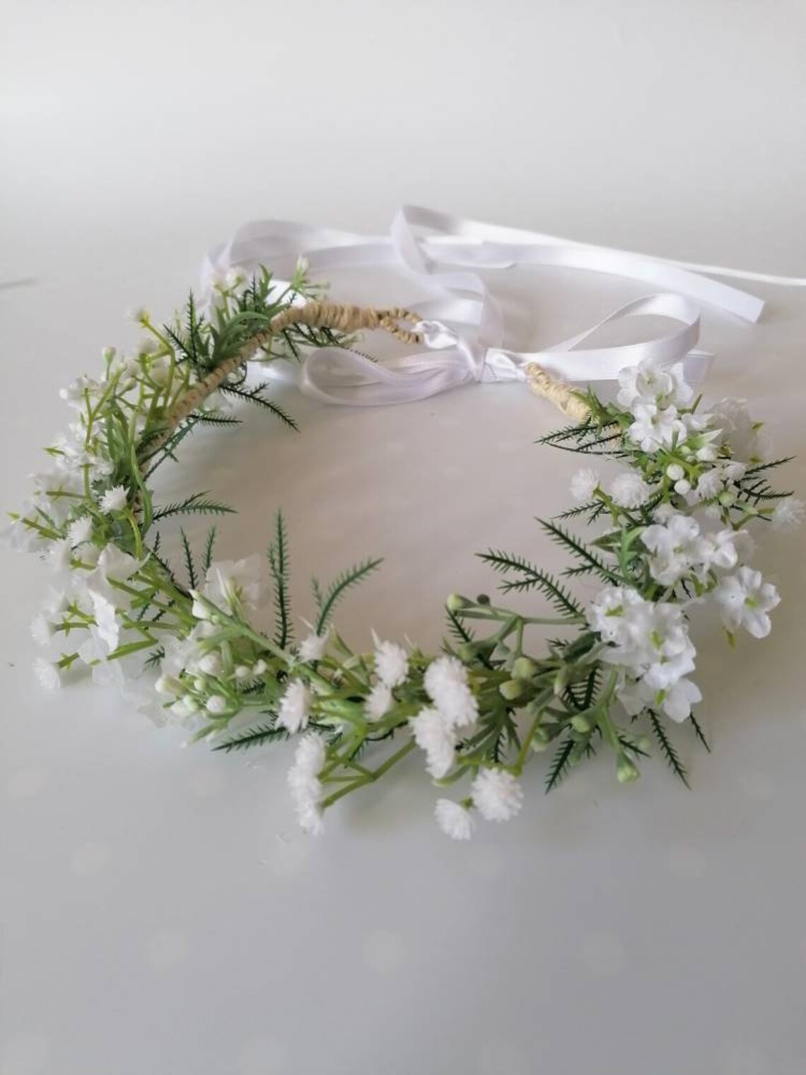 Artificial Silk White Flower Girl Wand Matching Flower Crown Set ...