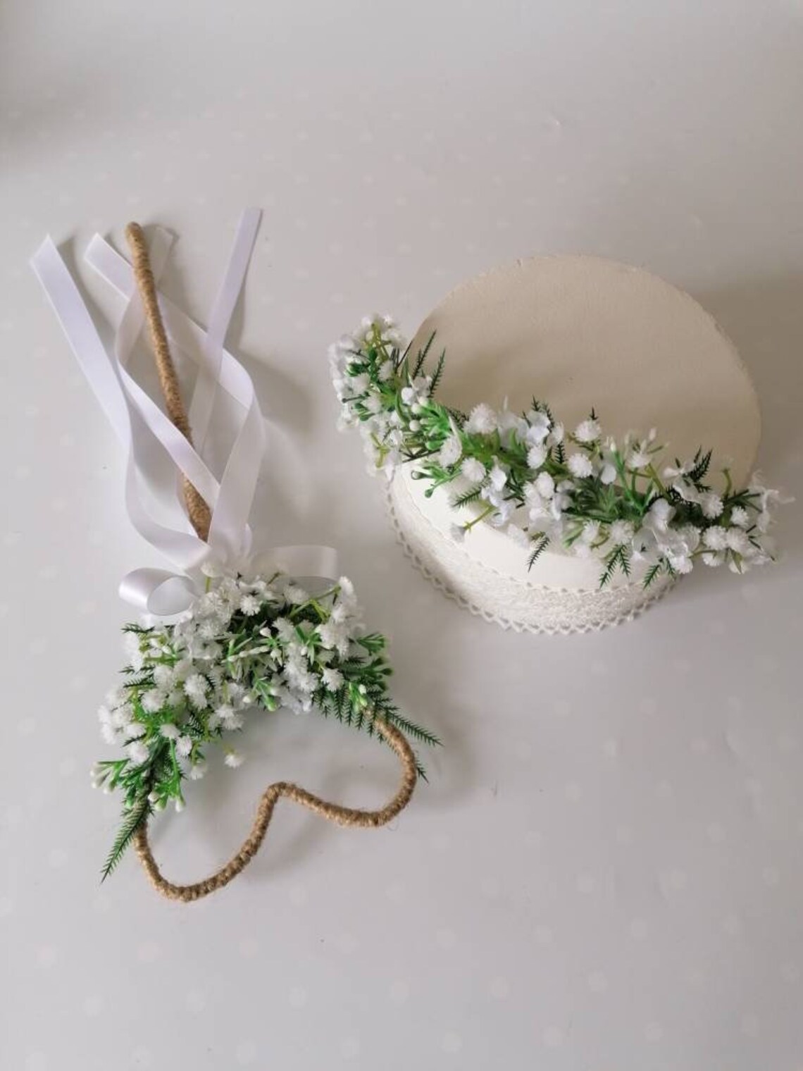 Artificial Silk White Flower Girl Wand Matching Flower Crown Set ...