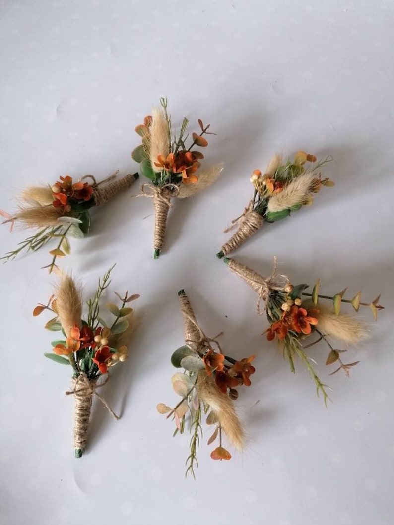 Autumn Winter wedding Orange Boho buttonhole Pampas grass | Etsy