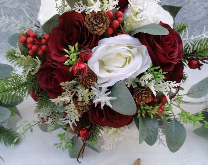 Winter Brides Burgundy Ivory Silk Wedding Bouquet Roses | Etsy