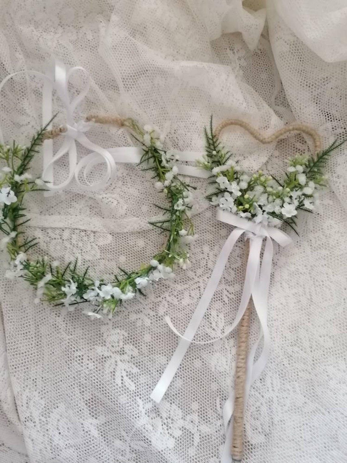 Artificial Silk White Flower Girl Wand Matching Flower Crown Set ...
