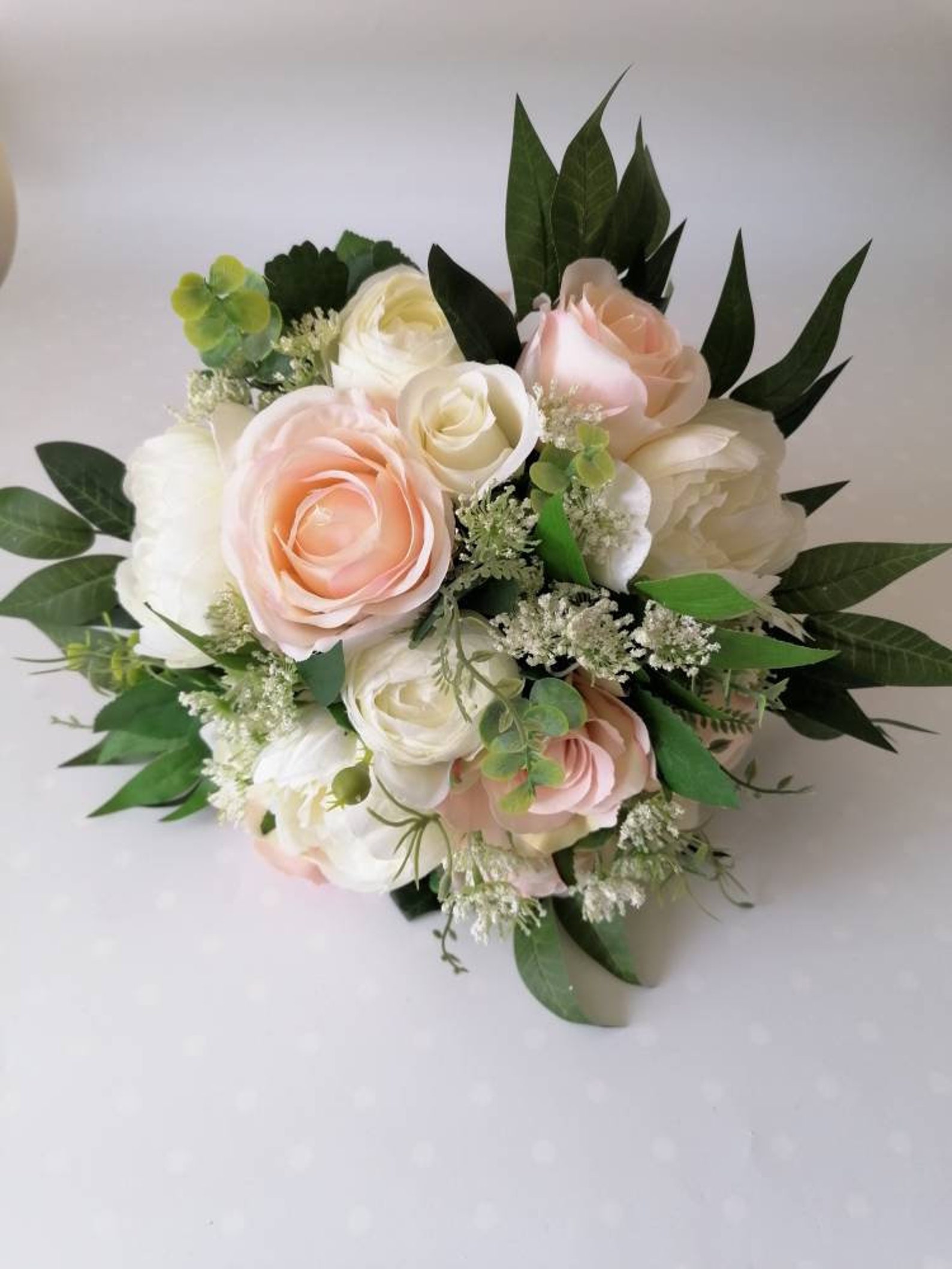 Blush Pink Boho Rustic Artificial Brides Bouquet Blush Pink Roses Ivory ...