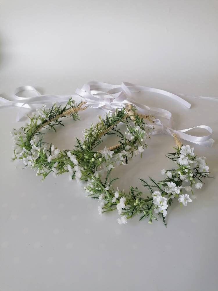 Artificial Silk White Flower Girl Wand Matching Flower Crown Set ...