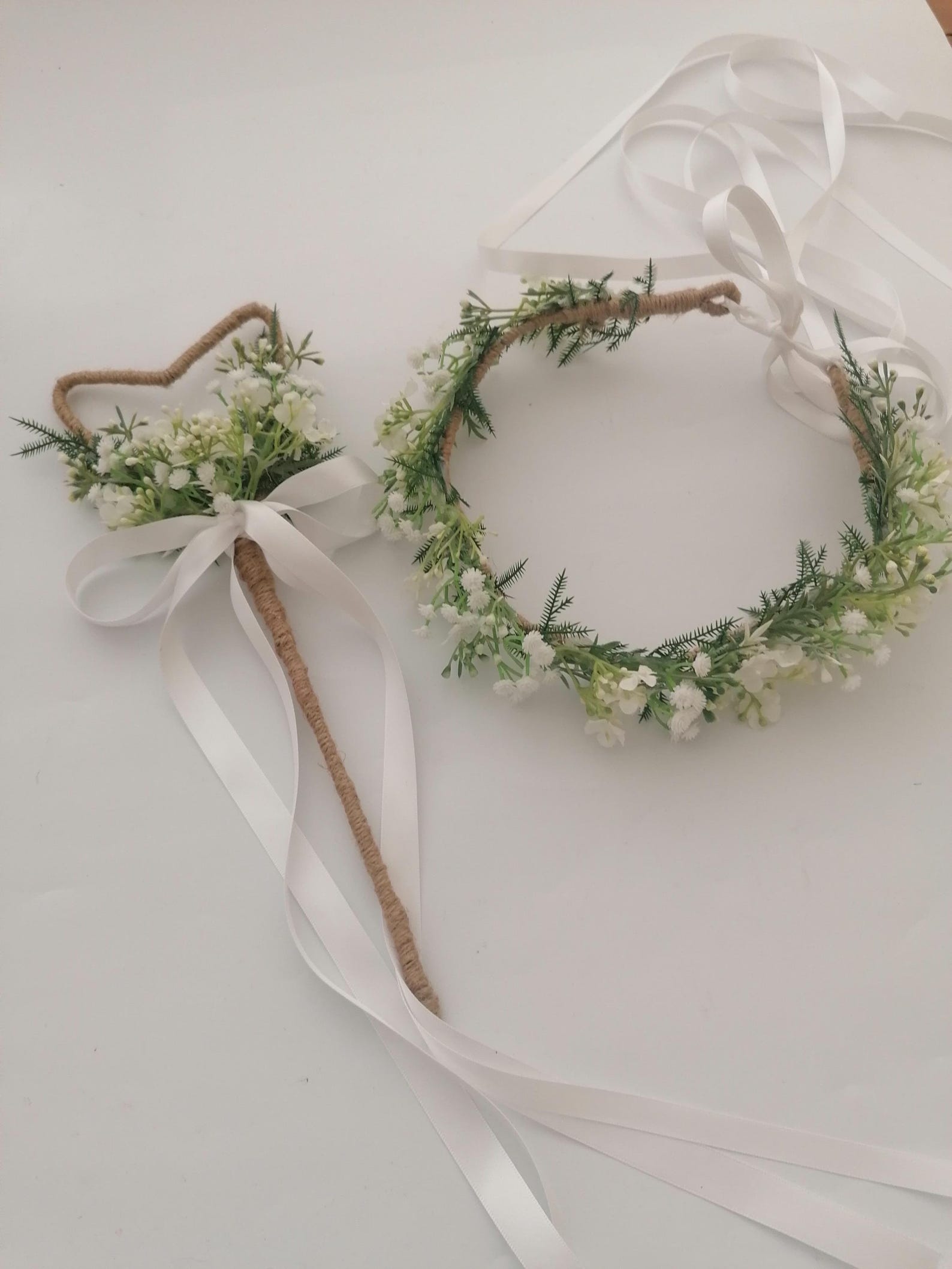 Artificial Silk White Flower Girl Wand Matching Flower Crown Set ...