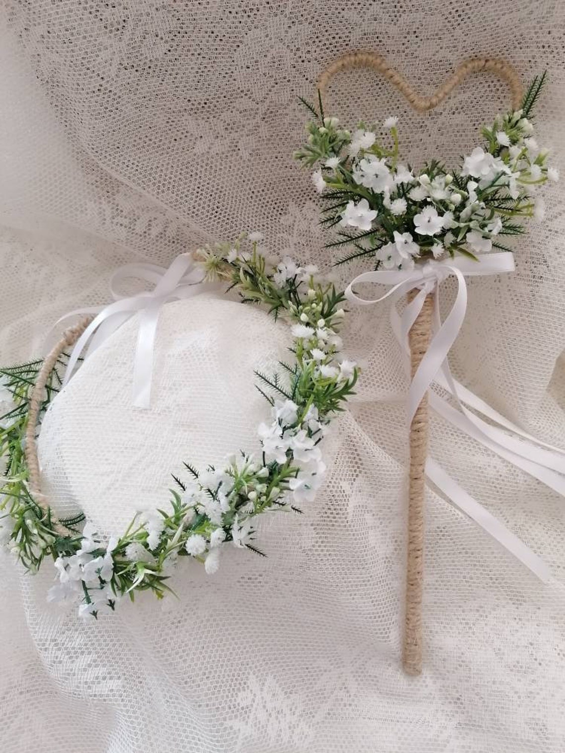 Artificial Silk White Flower Girl Wand Matching Flower Crown Set ...