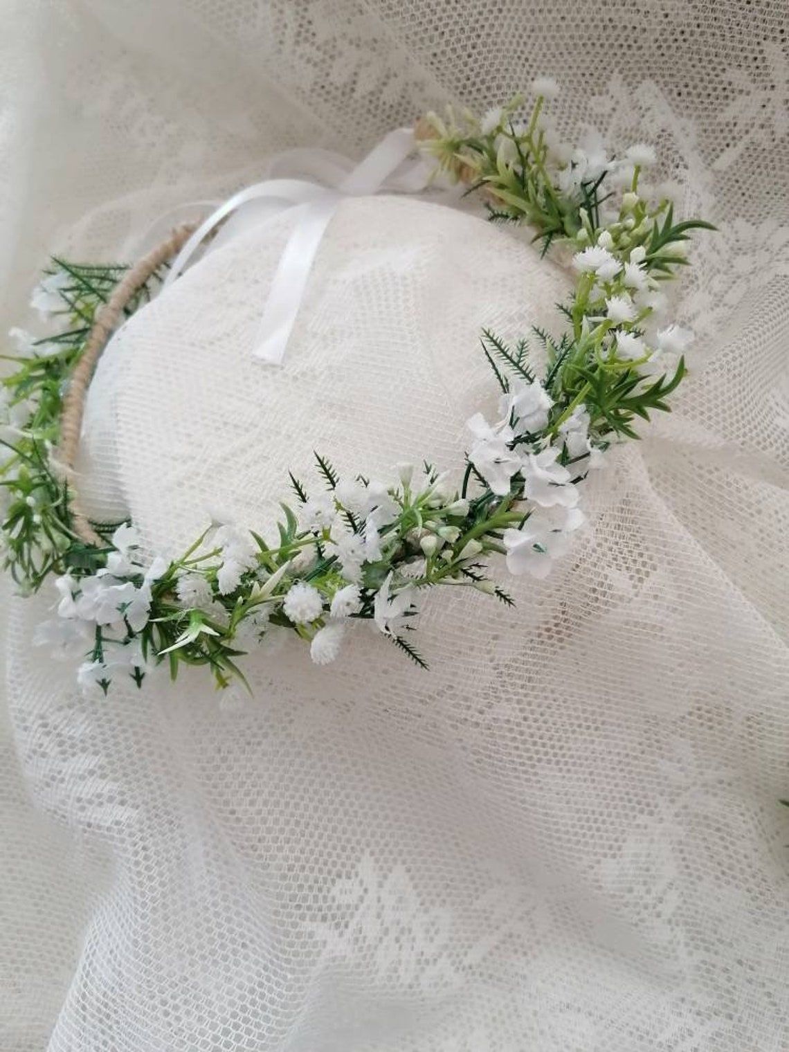 Artificial Silk White Flower Girl Wand Matching Flower Crown Set ...