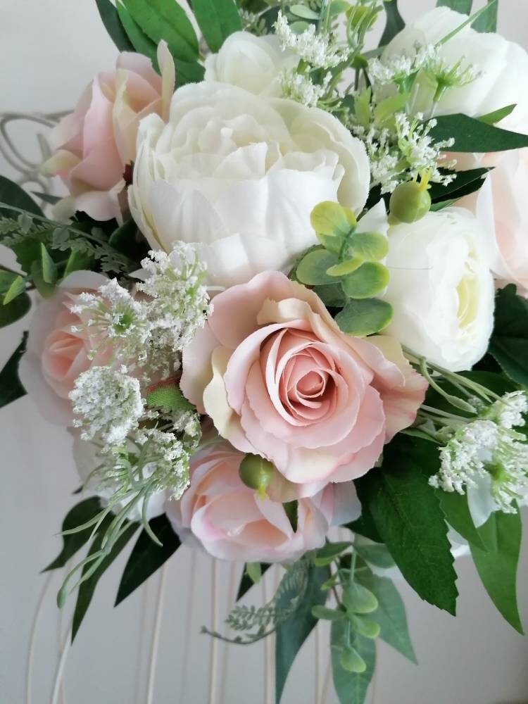 Blush Pink Boho Rustic Artificial Brides Bouquet Blush Pink Roses Ivory ...