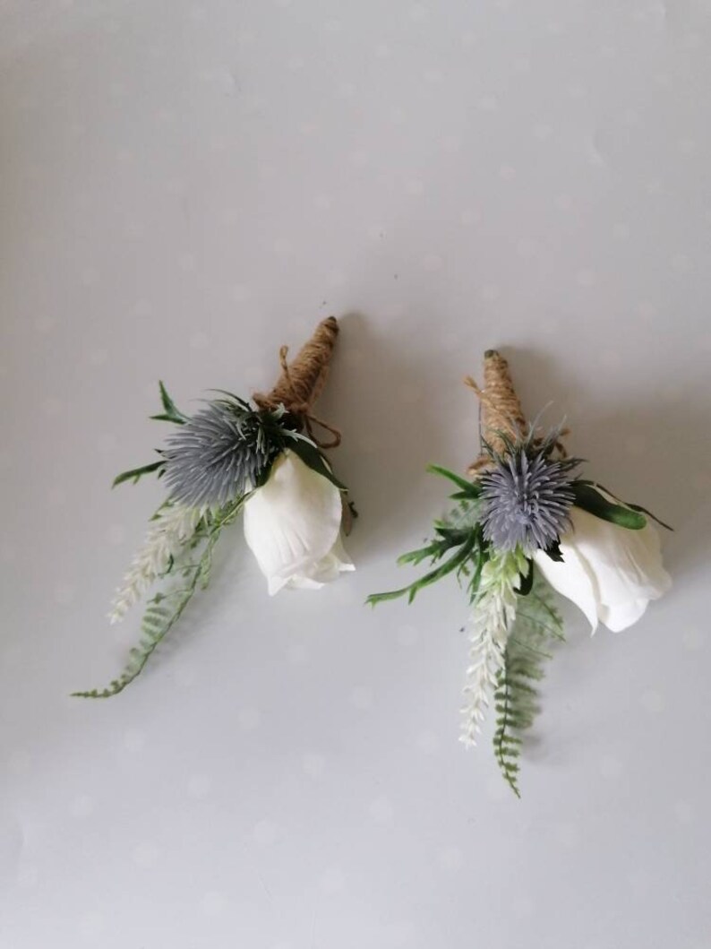 Grey Thistle Ivory Rose Fern Heather Wedding Buttonhole Scottish ...