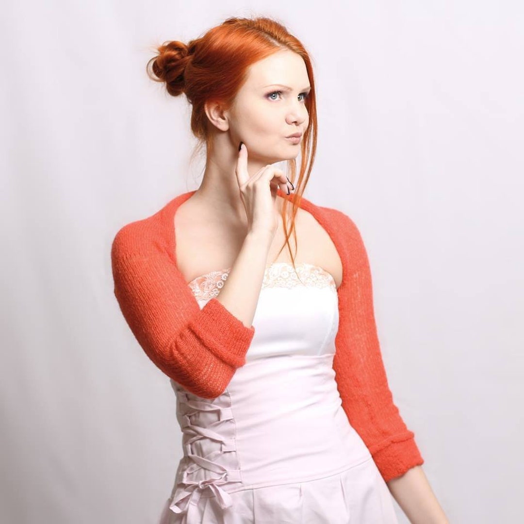 Handmade Coral Mohair Knit Bolero Shrug: 3/4 Sleeve Wedding Cover-up - Etsy