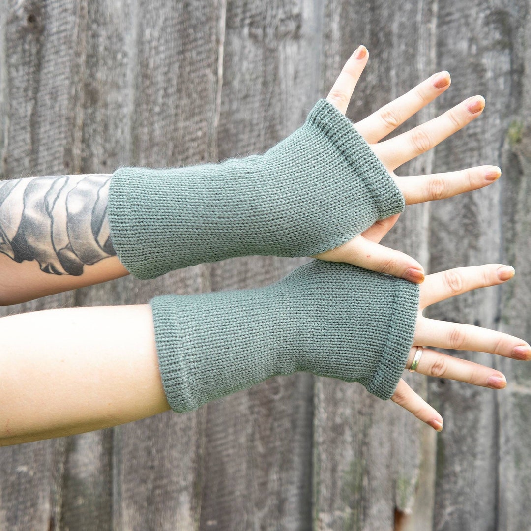 Knit Mittens Merino Wool Fingerless Gloves Wrist Warmers Duck Egg Green ...