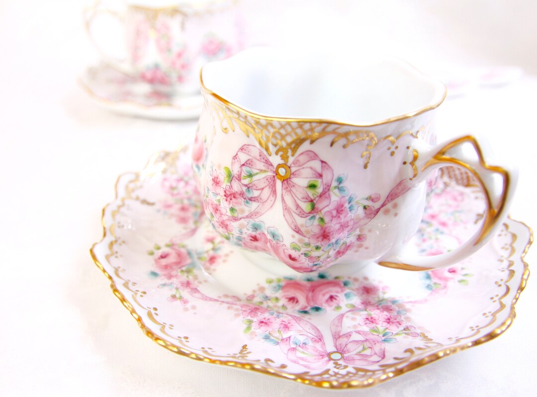 7oz Teacup and Saucer Set With Rose and Cherry Blossom Pattern - Etsy
