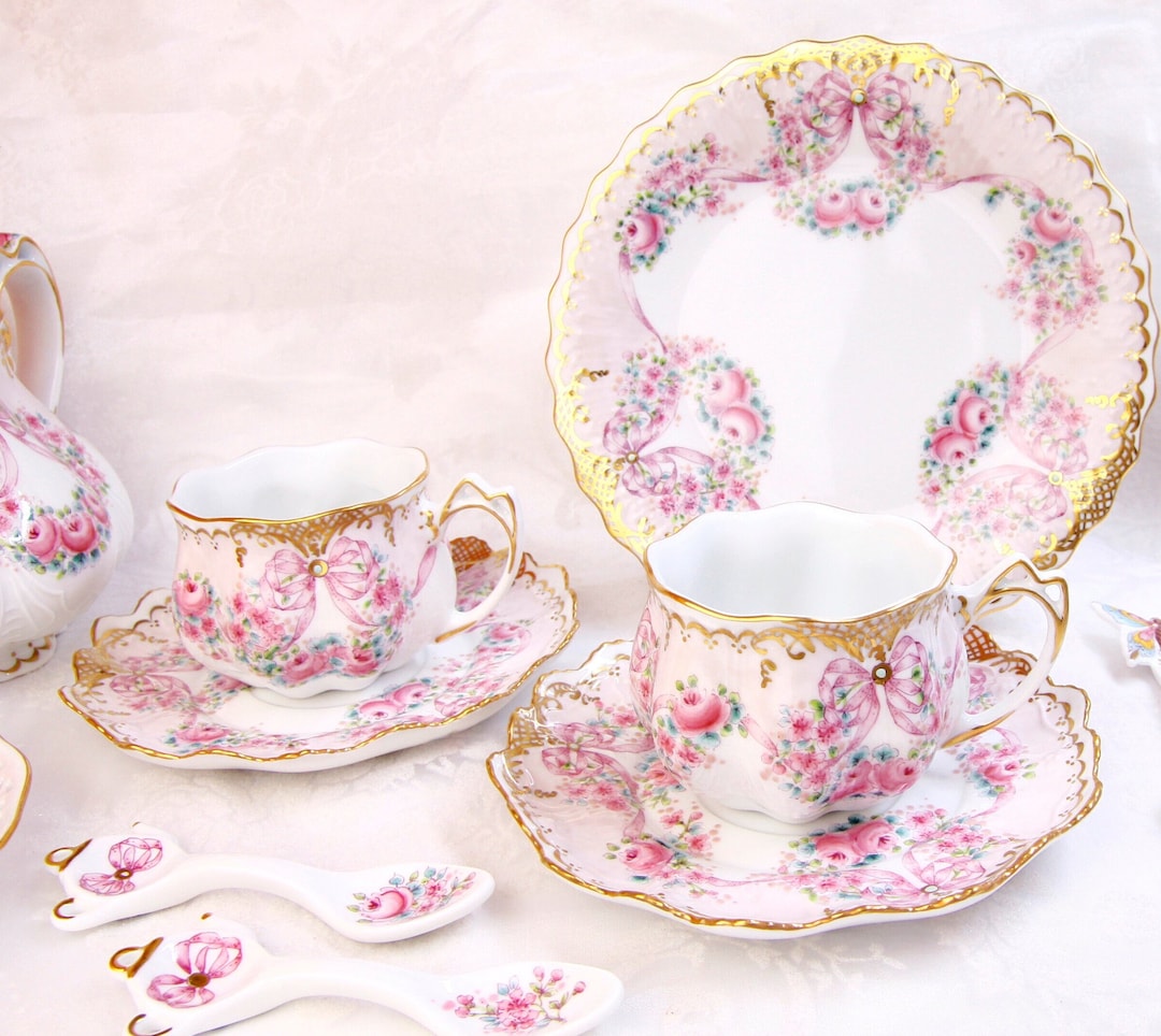 2 Set of 7oz Teacup and Saucer With Rose and Cherry Blossom Pattern ...