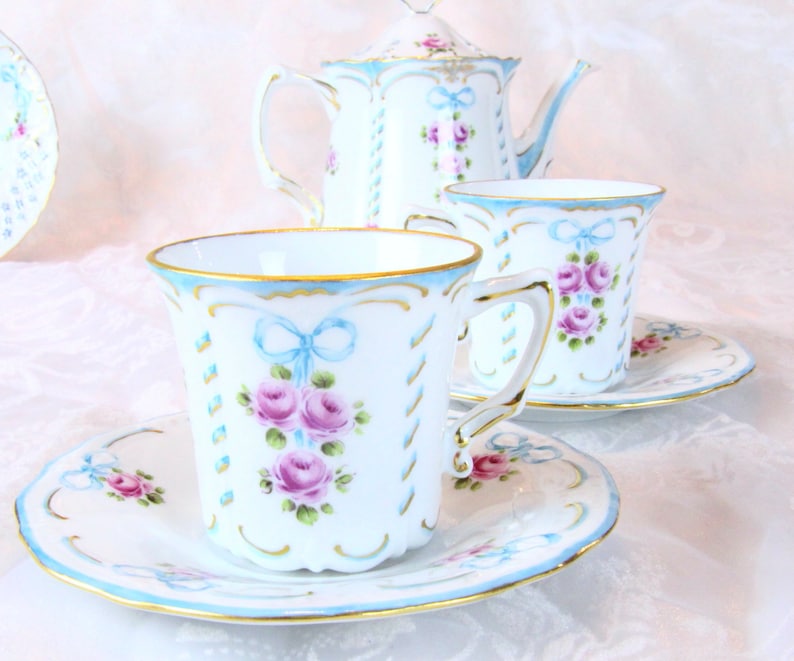 2 Tea Cup Set With Rose and Bow Pattern - Etsy