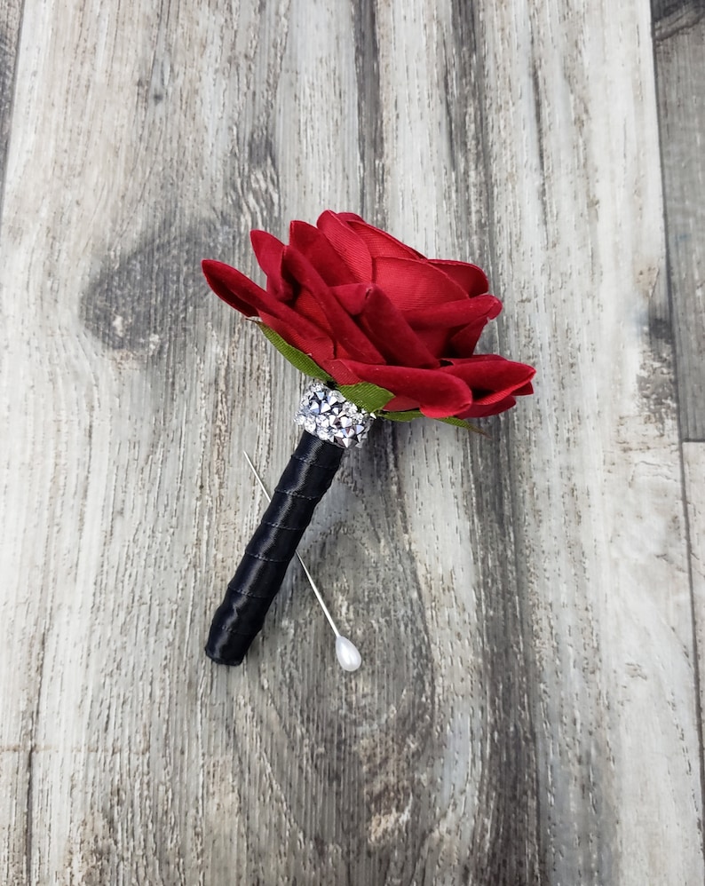 BOXED Red Velvet Rose Dazzling Rhinestone Boutonniere | Etsy