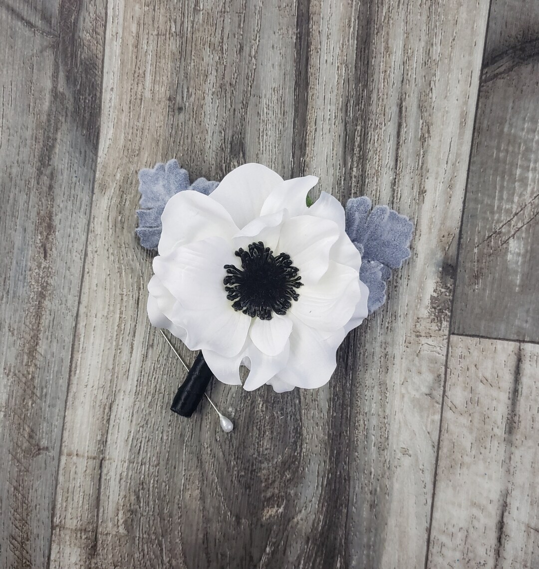 BOXED Realistic Cream White Anemone, Blue Dusty Miller Leaves ...