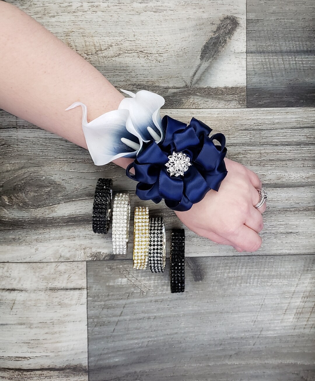 BOXED Navy Picasso Calla Lily, Satin Bow Rhinestone Corsage - MATCHING ...