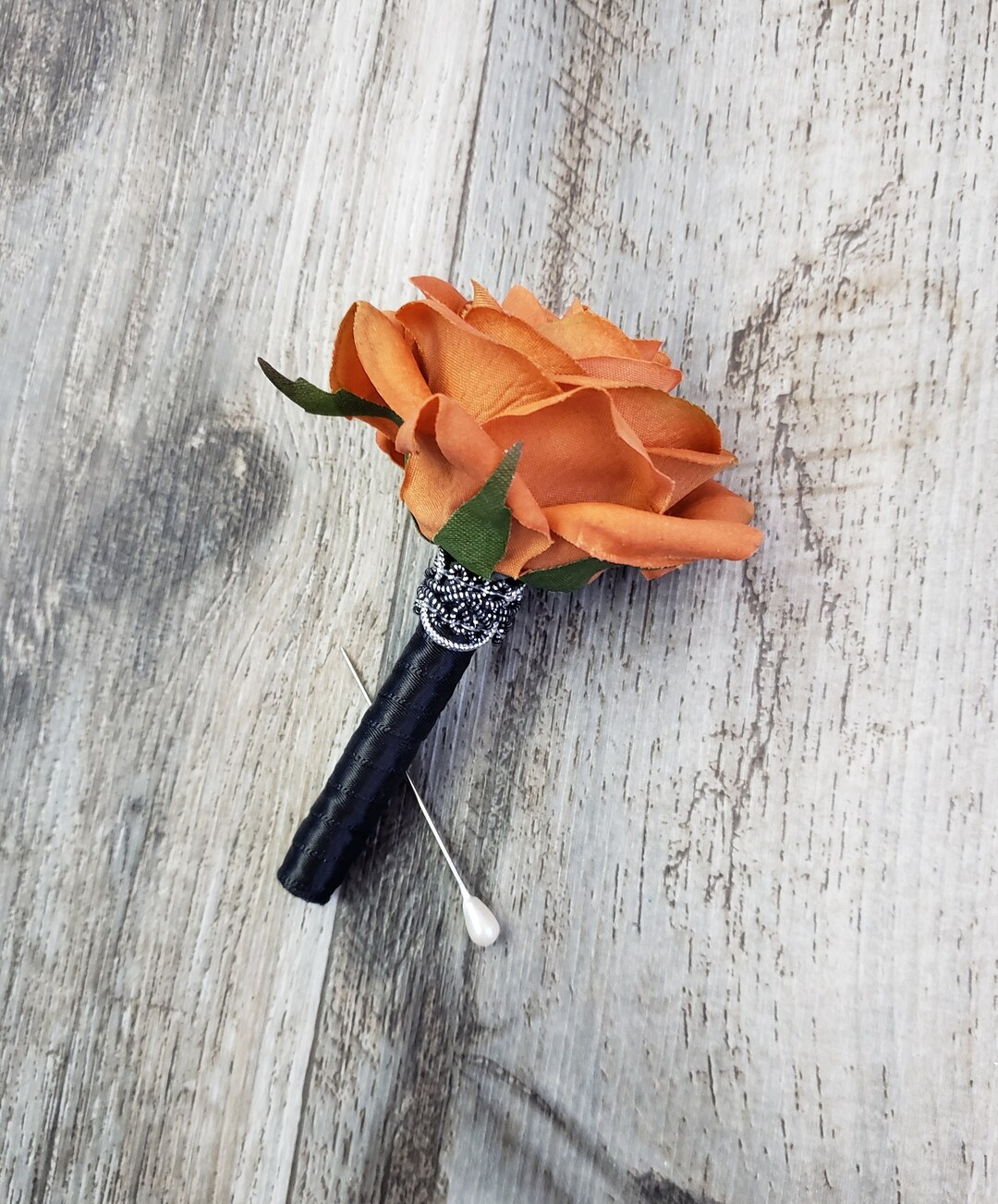 BOXED Real Touch Burnt Orange Rose With Silver Black Trim Boutonniere ...