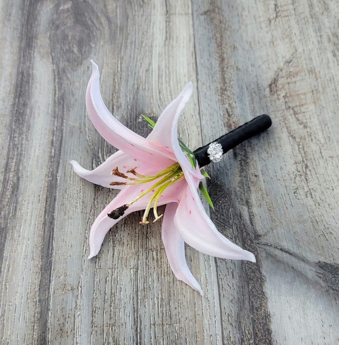 BOXED Real Touch Pink White Tiger Lily, Rhinestone Button Boutonniere ...