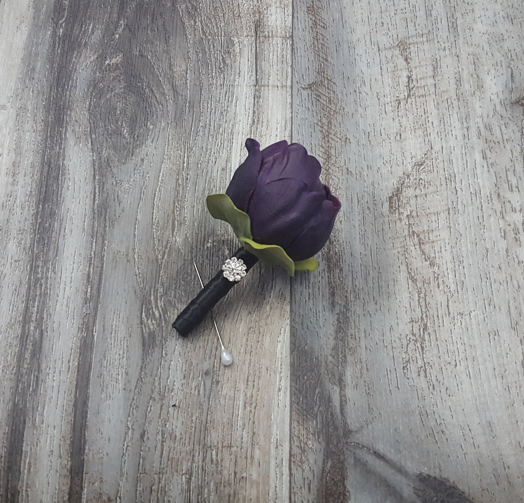 BOXED Dark Plum Peony Boutonniere, Rhinestone Button - MATCHING Items ...