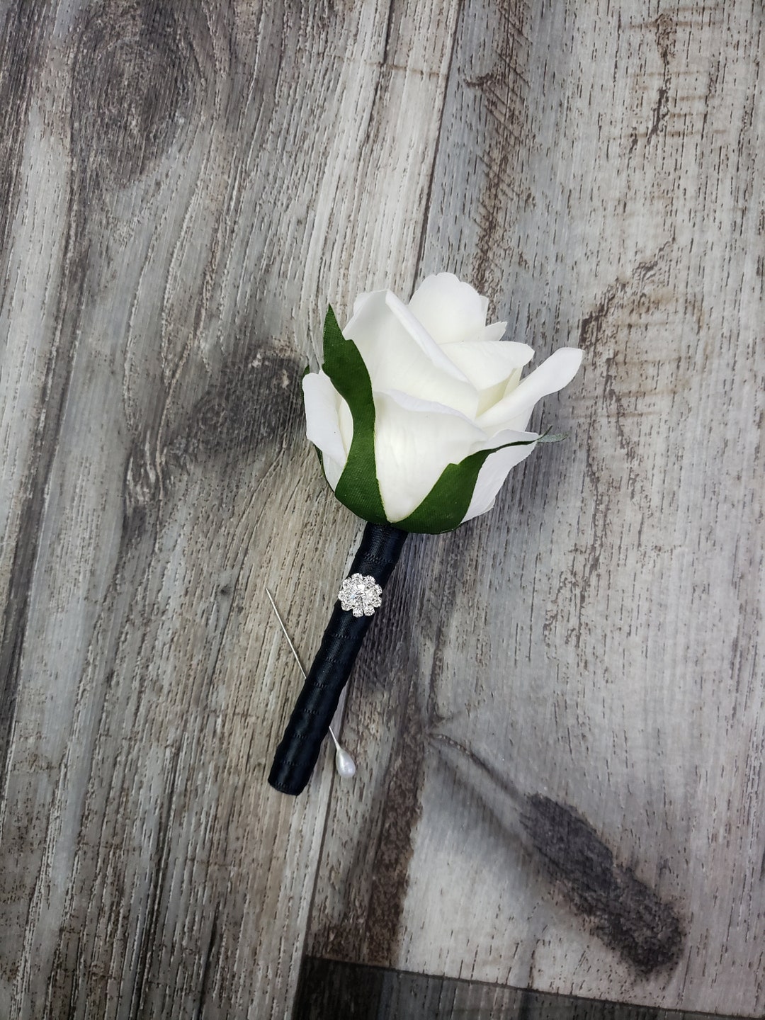 BOXED Real Touch Ivory Cream Blooming Rose Bud With Rhinestone Button ...