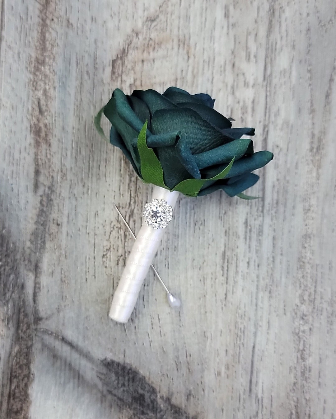 BOXED Real Touch Dark Emerald Green Rose Boutonniere, Rhinestone Button ...