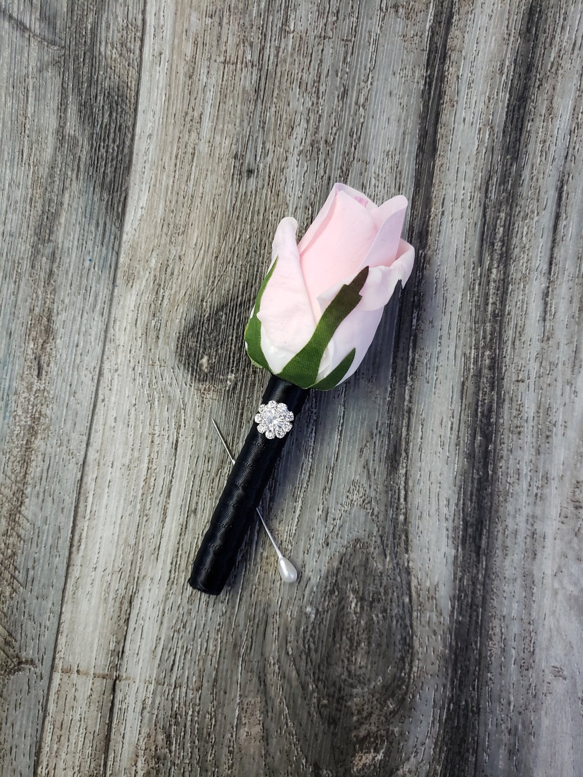 BOXED Real Touch Light Pink Rose Bud Boutonniere - Rhinestone Button ...