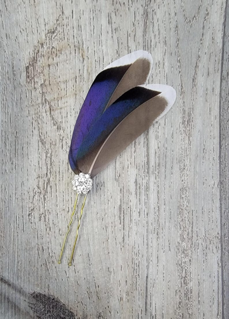 BOXED Blue Mallard Duck Feathers With Rhinestone Modern Hair Pin ...