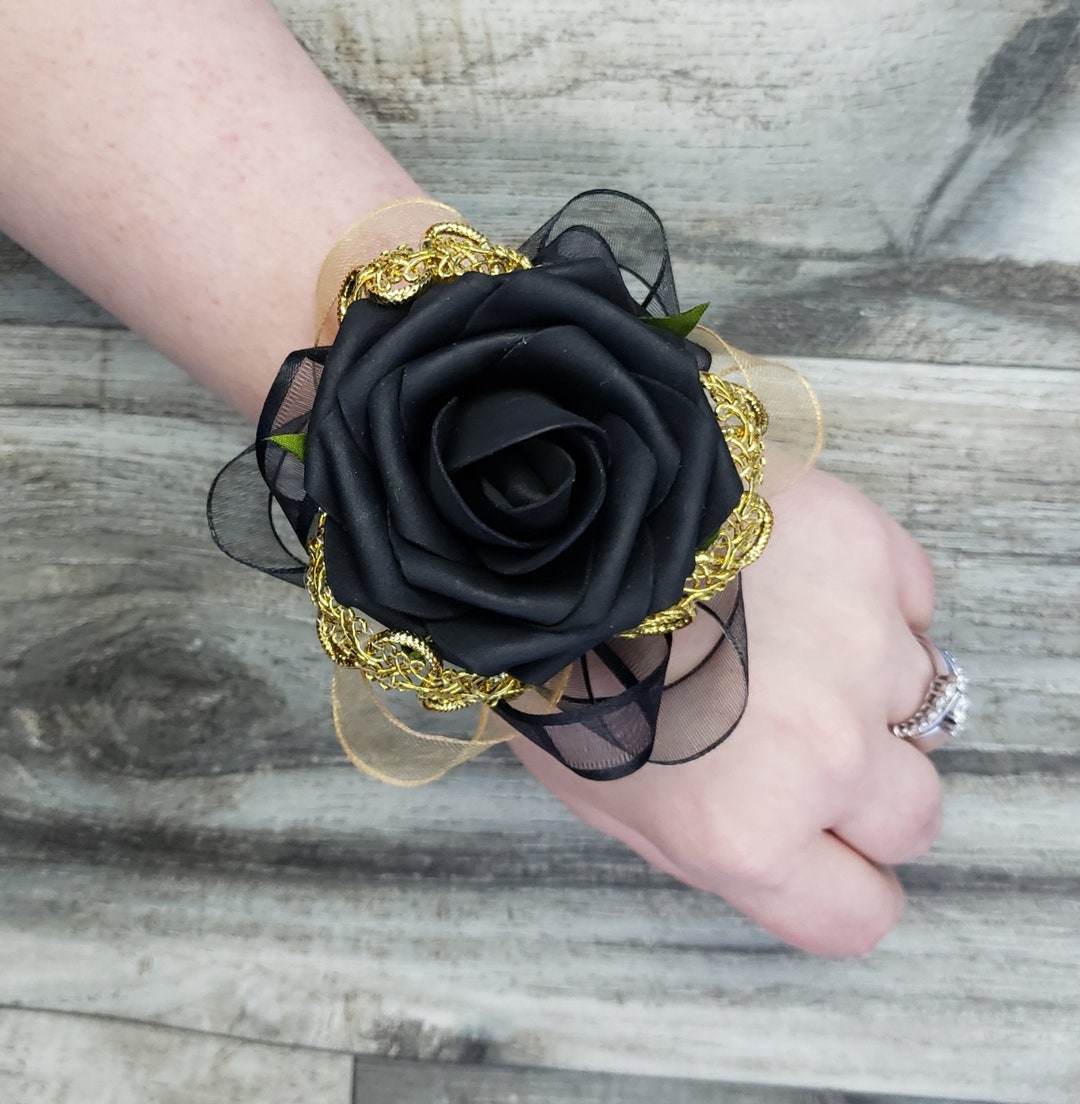 BOXED Soft Black Rose, Sheer Ribbon, Metallic Gold Trim LACE Wrist ...