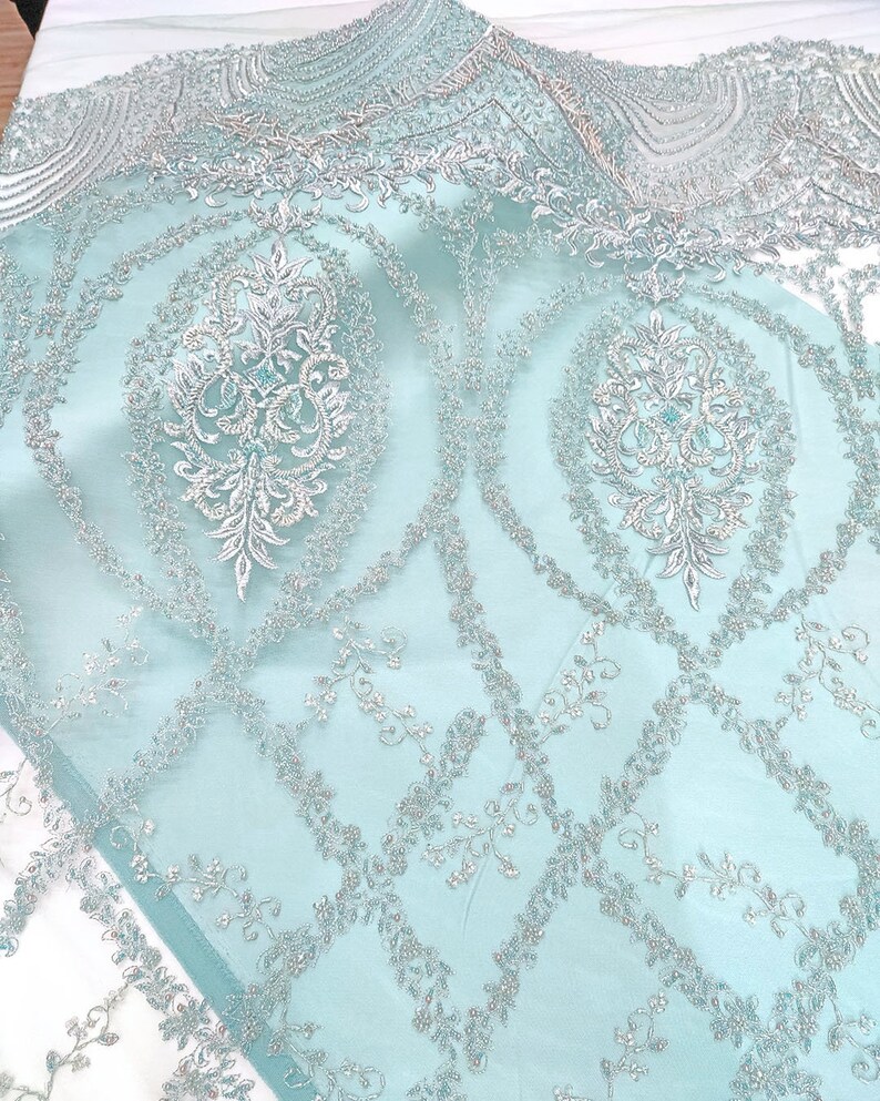 Free Shipping. Light Cyan Beaded and Fringe Lace Fabric 99058 - Etsy