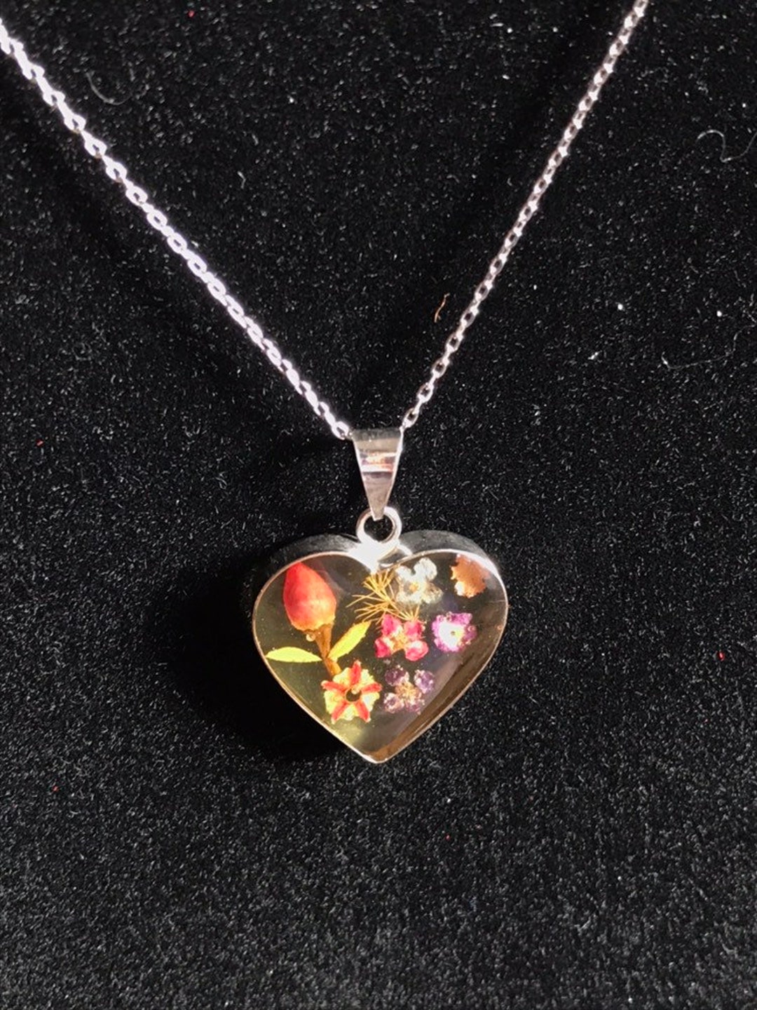 Vintage Real Preserved Flower Heart Necklace, Sterling Heart With ...