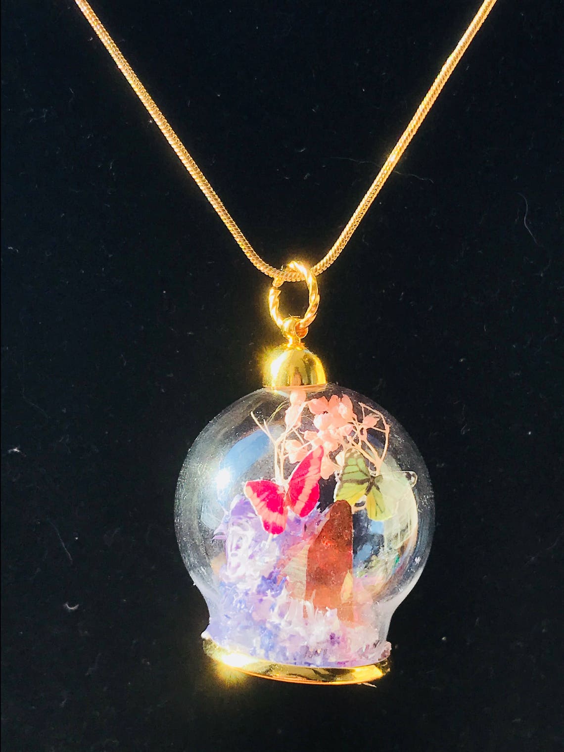 OOAK Raspberry Aura Quartz and Mini Butterfly Terrarium | Etsy