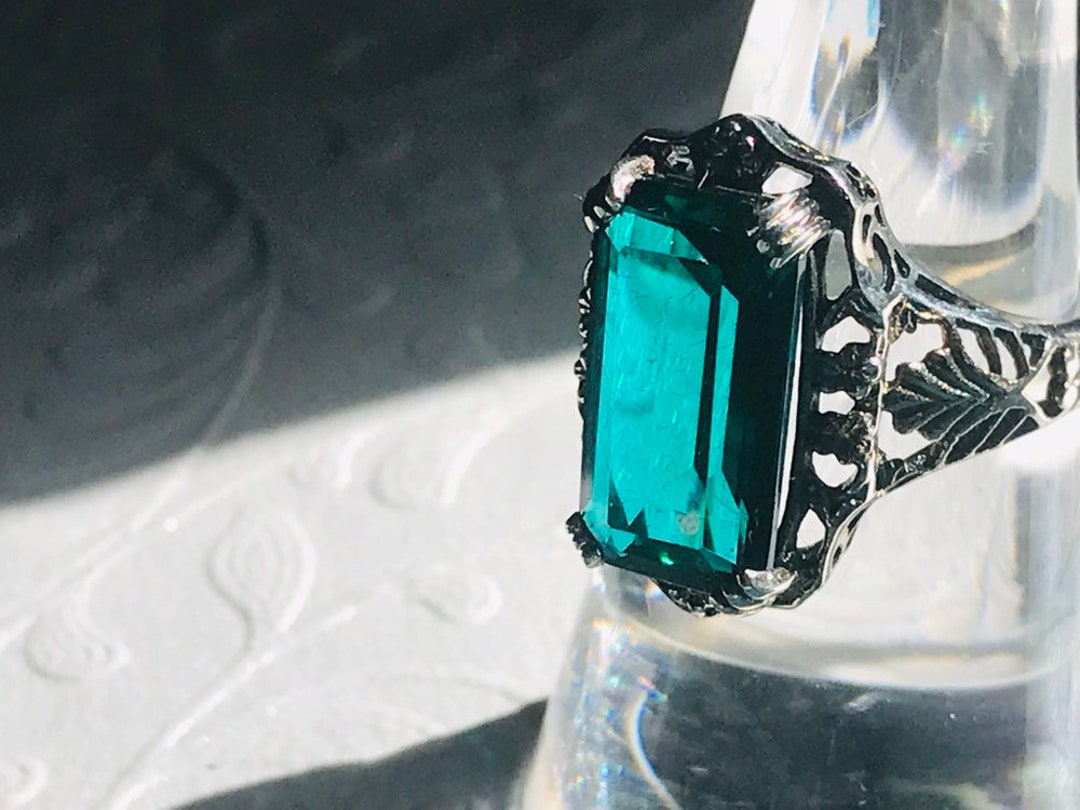 Art Deco Vintage Style Filigree Aqua Apatite Crystal and Sterling Ring ...