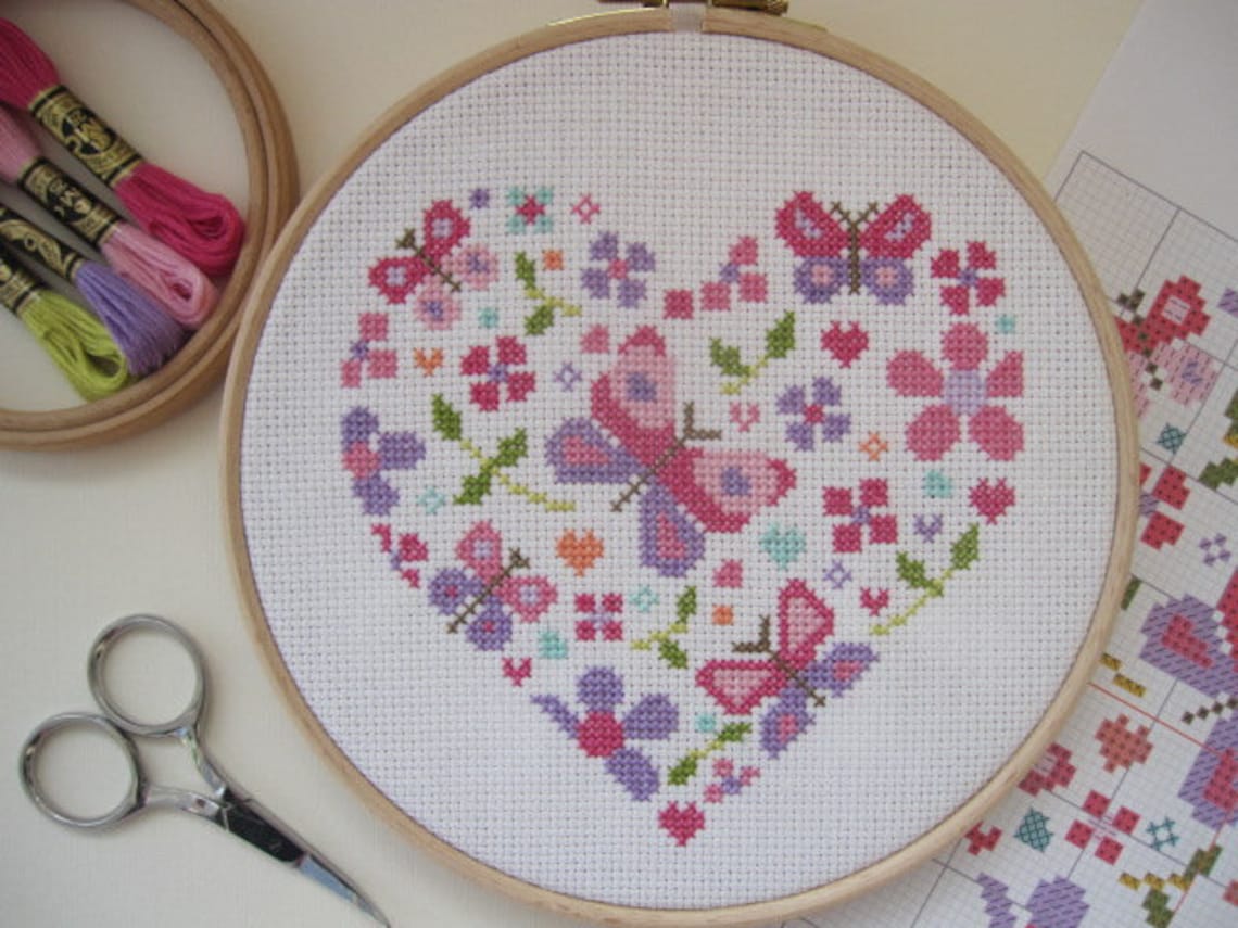 Cross Stitch Pattern by PDF Download - 'butterfly Heart' Cross Stitch ...