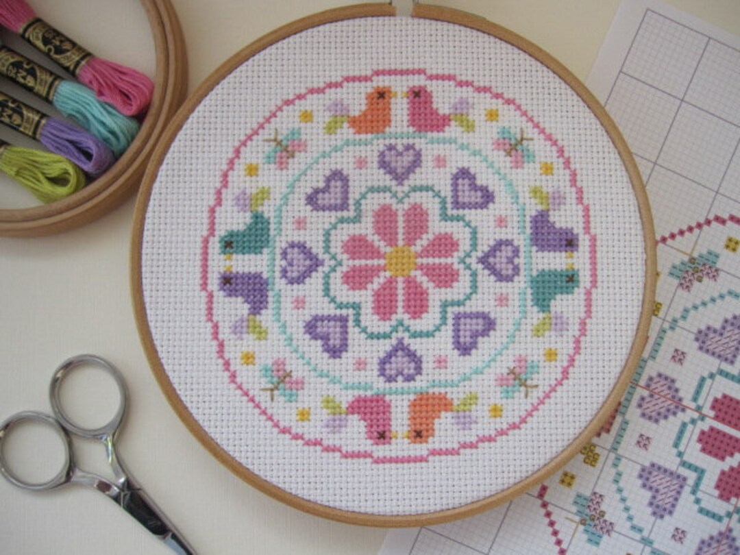 Cross Stitch Pattern by PDF Download - 'birds & Hearts' Cross Stitch ...