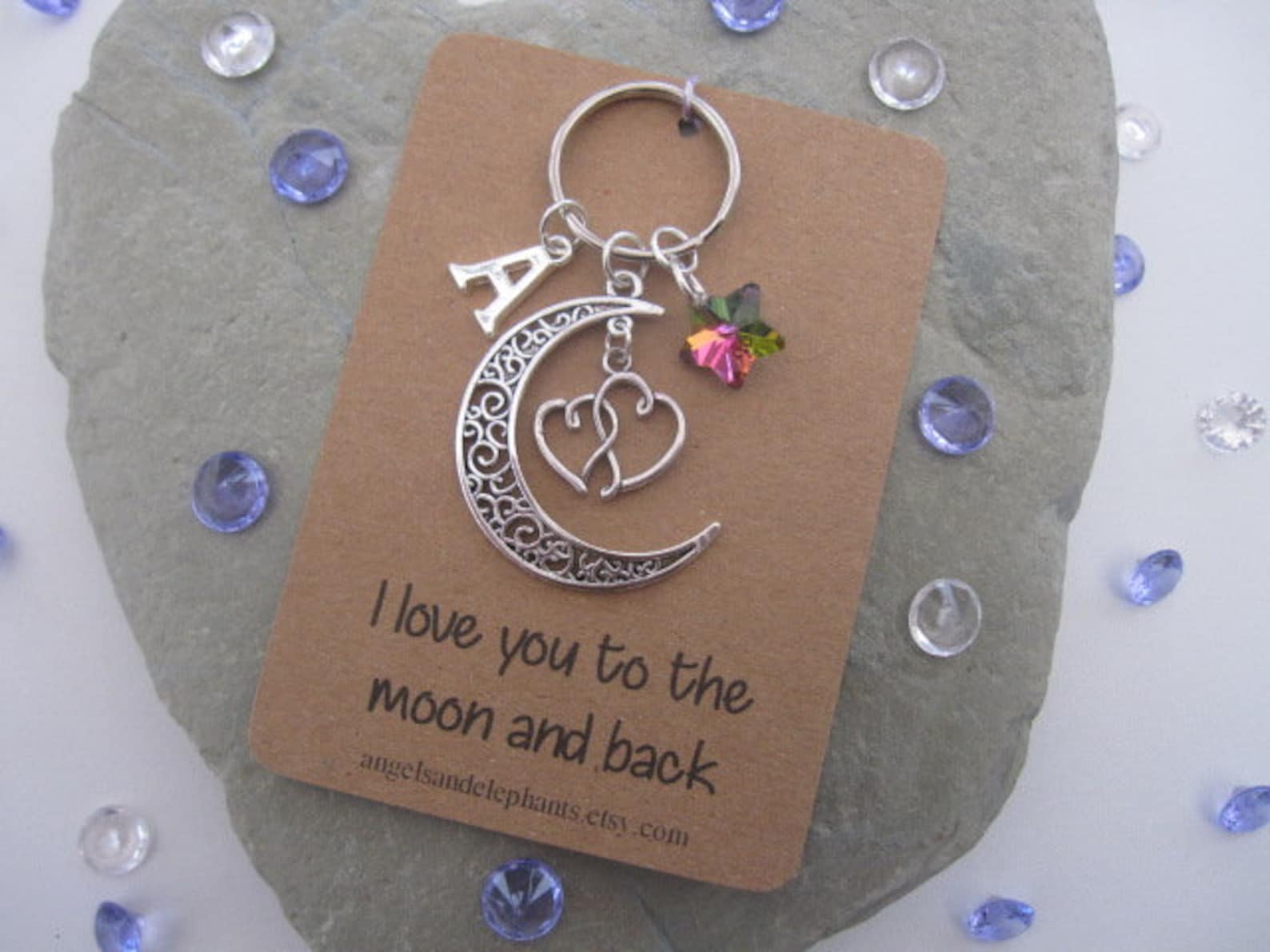 Moon Keyring Moon Keychain Personalized Initial Keychain - Etsy
