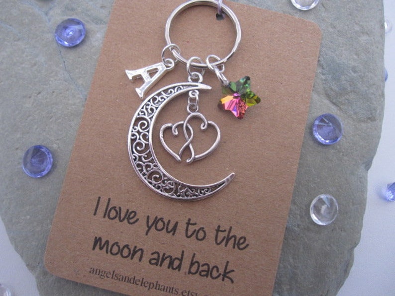 Moon Keyring, Moon Keychain, Personalized, Initial Keychain, Heart ...