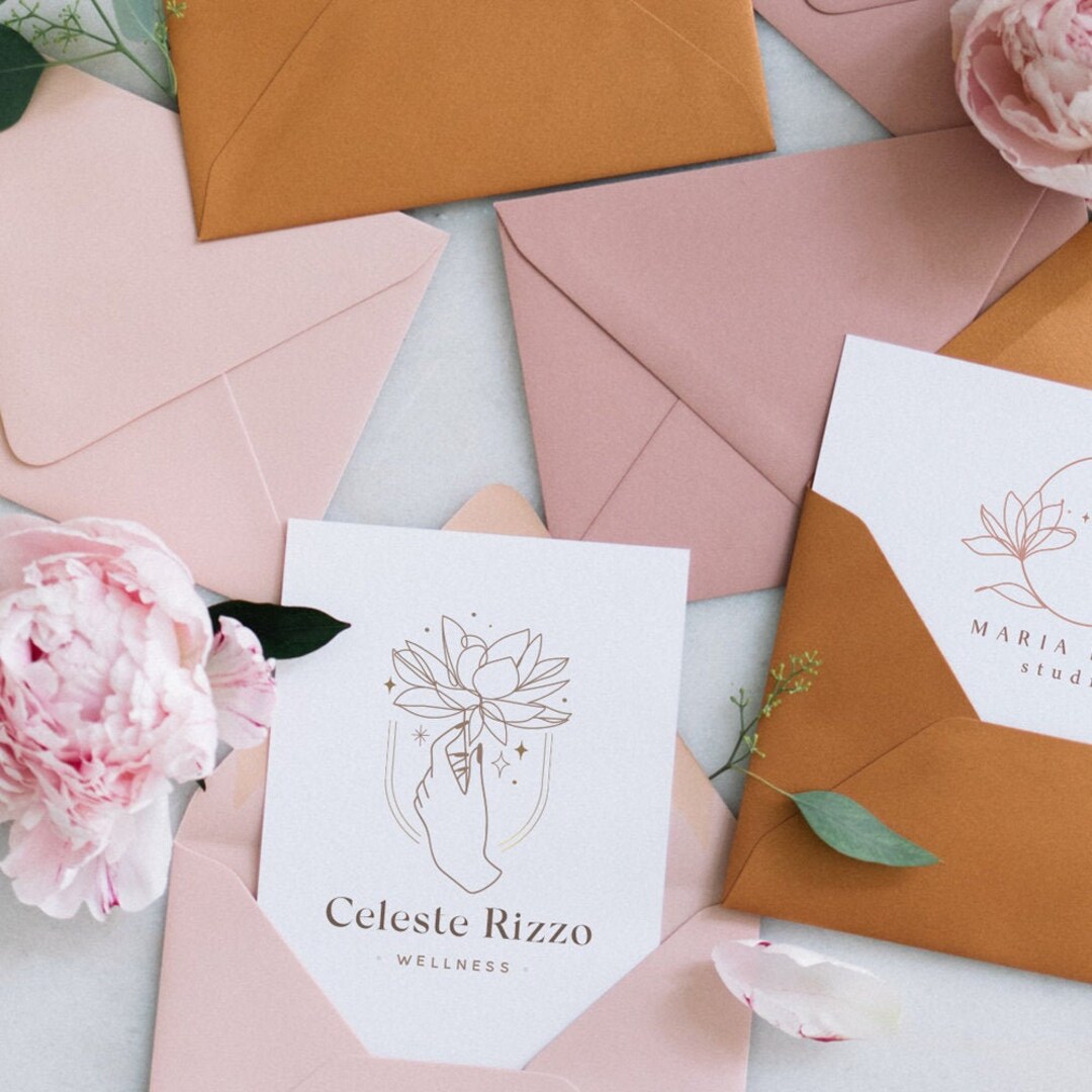 Boho Logo Design Branding Package Premade Hand Drawn Hand Logo Lotus ...