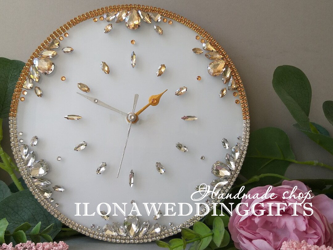 Beautiful White Clock Wall Desk Bling Sparkle Swarovski Crystals Silent ...