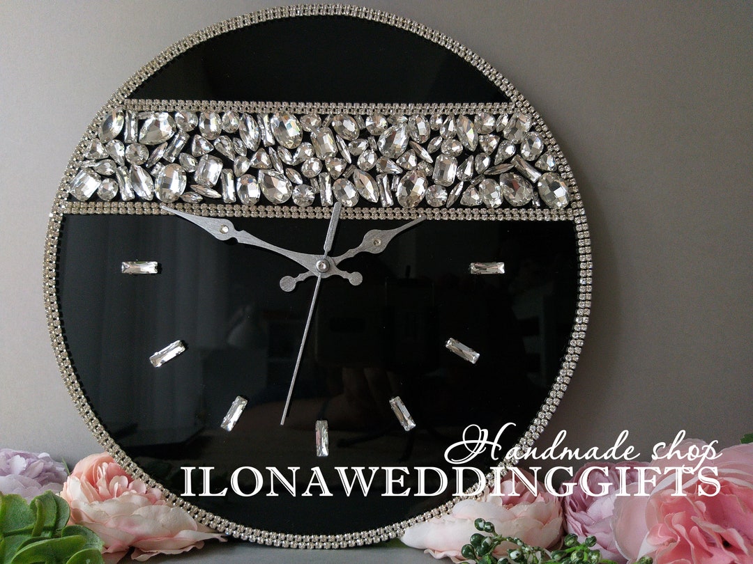 Modern Black Clock Swarovski Crystals Bling Silent Round Wall Decor ...