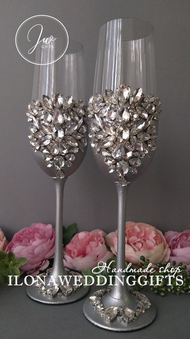 Silver Toasting Flutes Personalized Wedding Swarovski Champagne Glasses ...