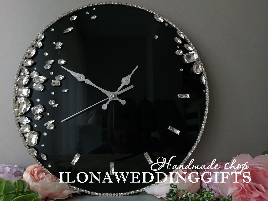Modern Black Clock Swarovski Crystals Bling Silent Round Wall Decor ...